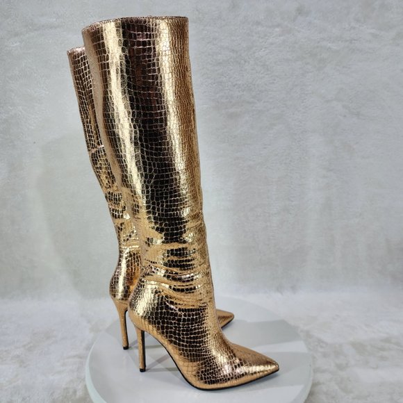 Mata Shoes | Shoes | Rose Gold Metallic Festive Pointy Toe Boots With 4 ...